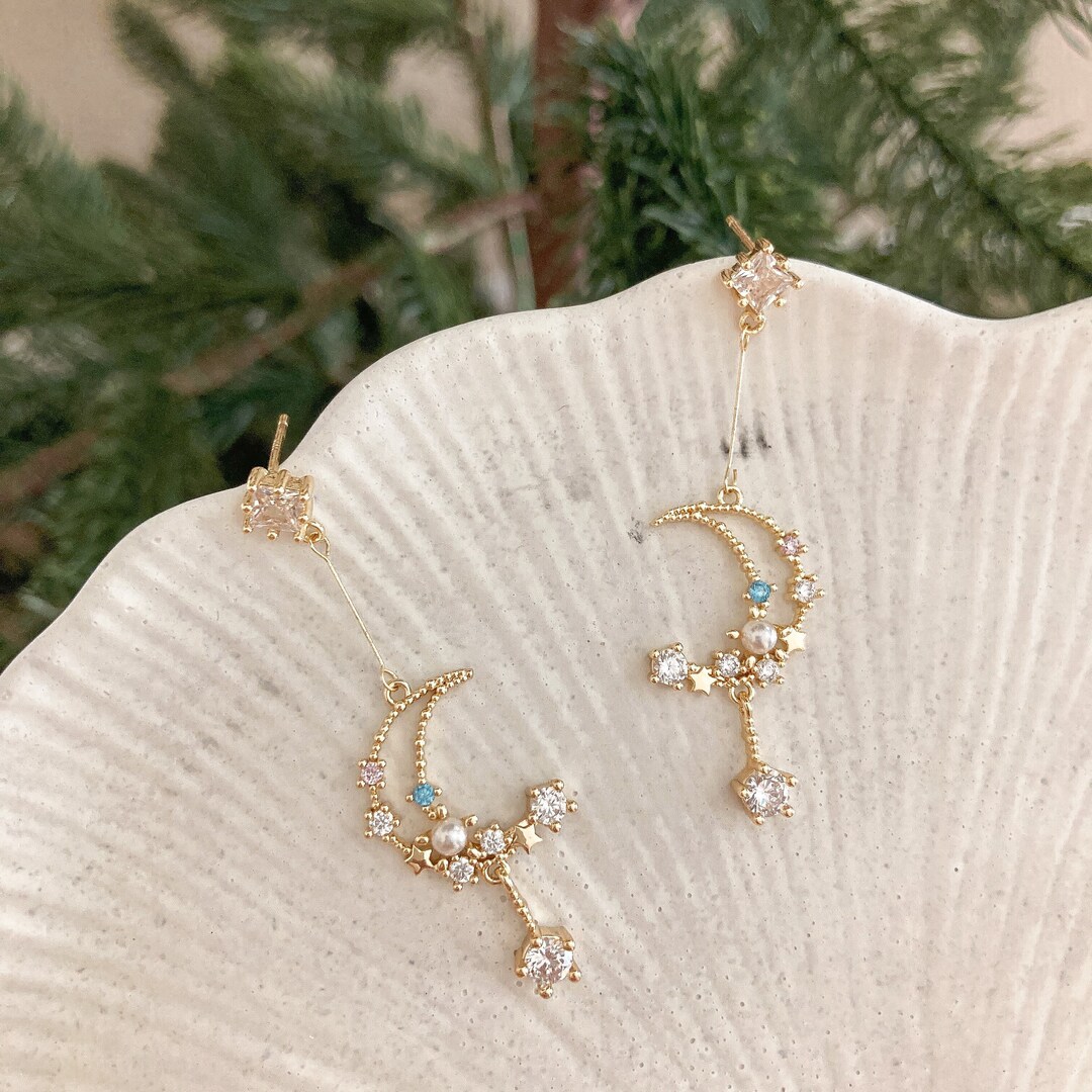 Moon and Star Earrings, Celestial Drop Earrings, Crescent Moon, Pearl Earrings, Korean Earrings ...