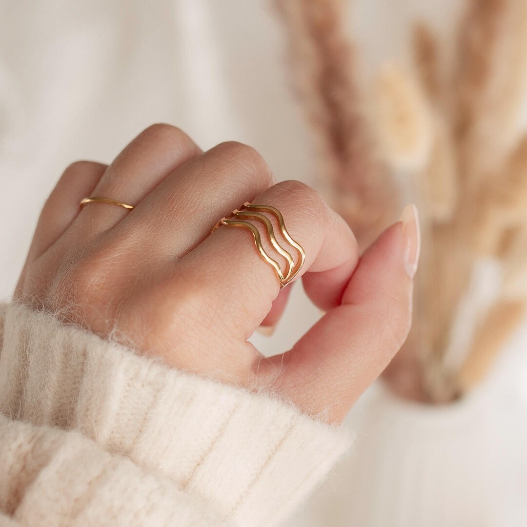 Triple Layered Wave Gold Ring, Waterproof Nontarnish Gold Jewelry for Women, Simple Rings ...