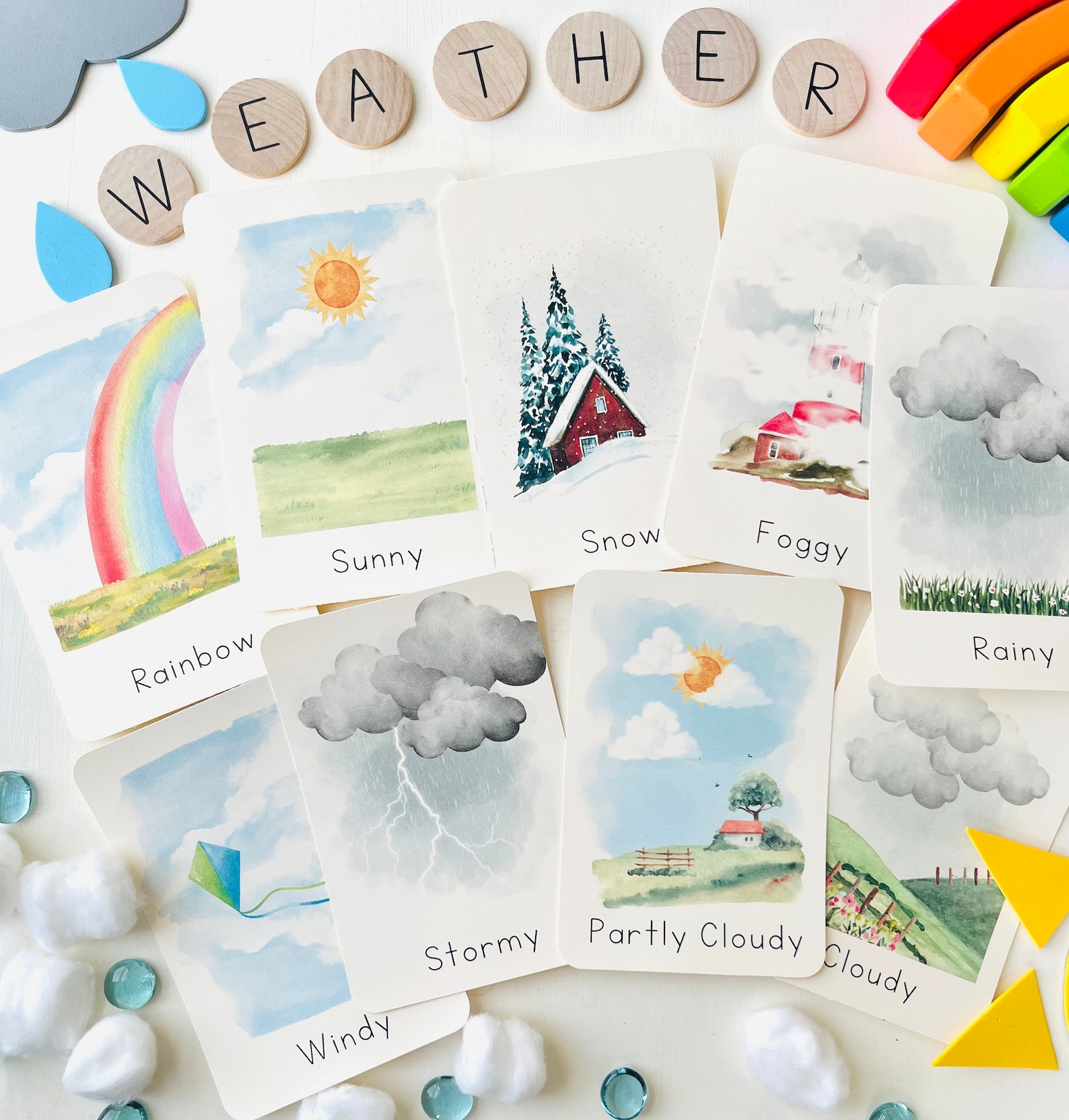 Weather Flashcards Watercolor Weather Flashcards Printable - Etsy