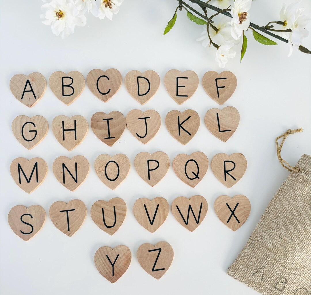 Wooden Alphabet Heart Coins | Montessori ABC | Wooden Letter Discs ...