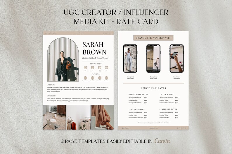 2 Page Media Kit Canva Template | UGC Creator | Influencer Rate Card ...