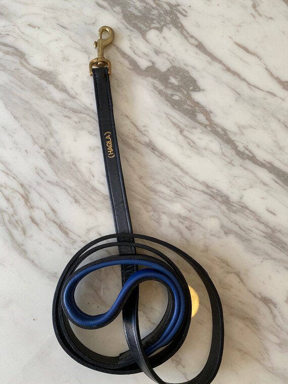 Black Leather Lead With Solid Brass Hook and Blue Padded Hand - Etsy