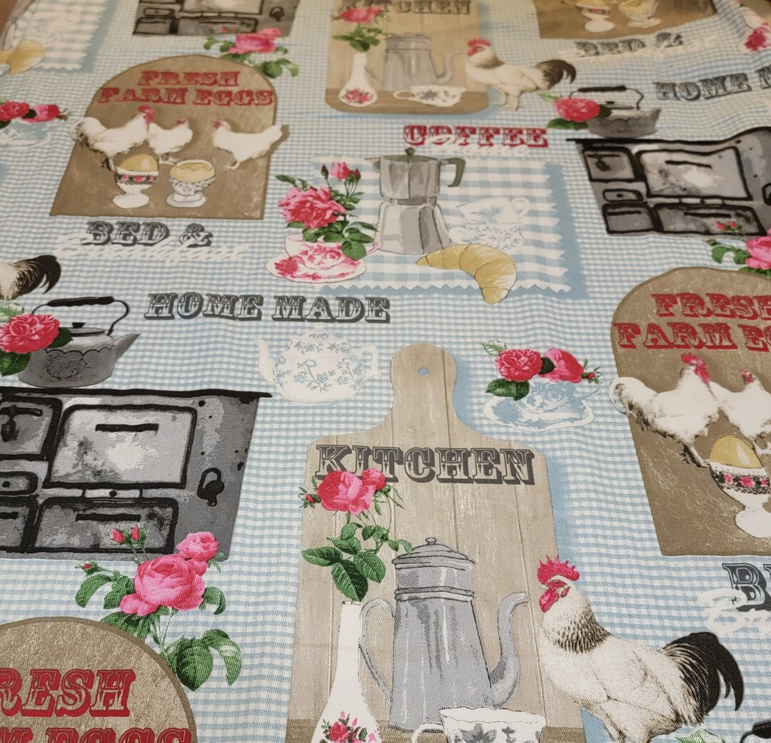Retro Stof French Kitchen Fabric . "eggs" . Blue Gingham . Kitchen ...