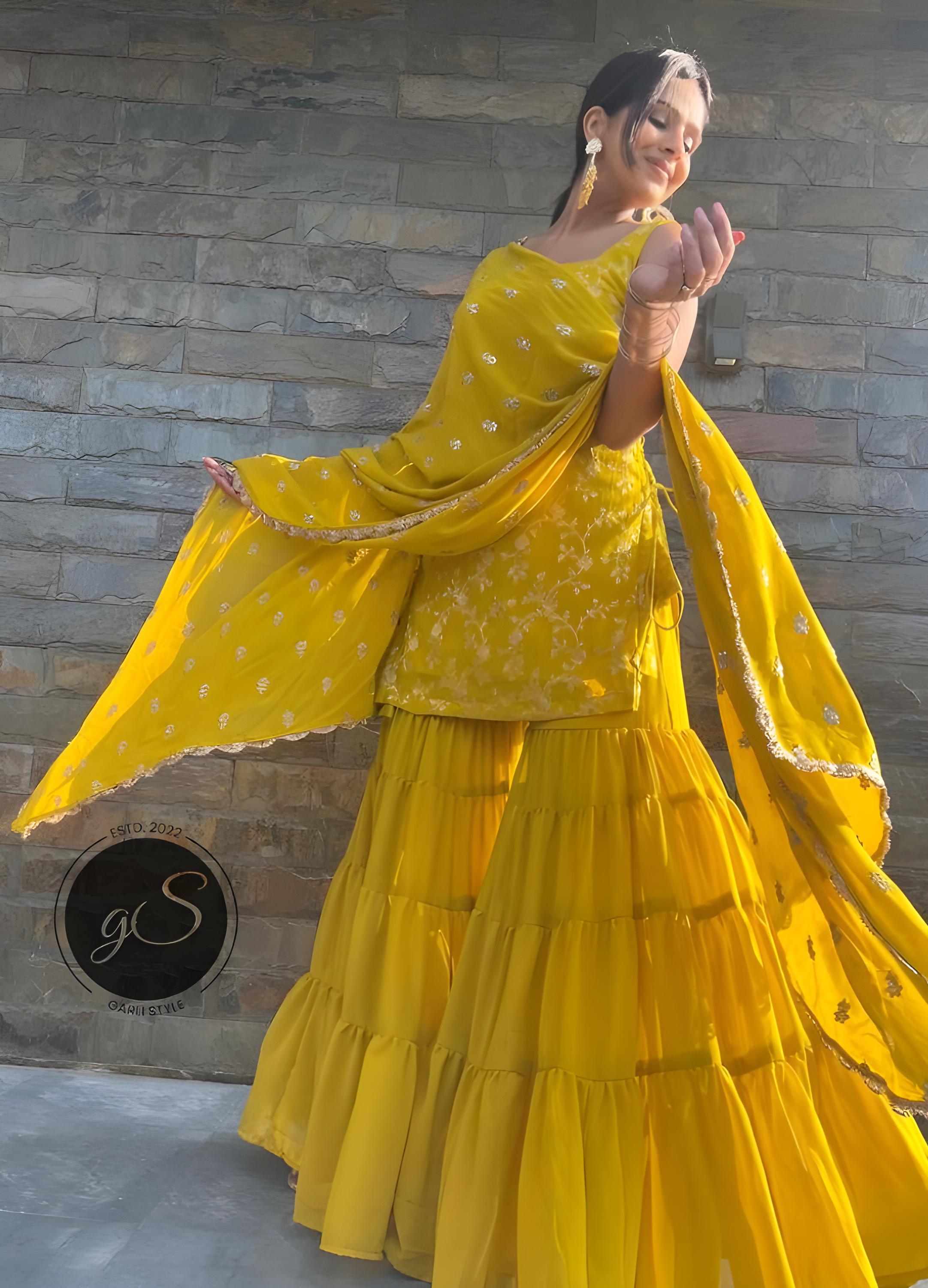 Mustard Georgette Brocade Layer Sharara Suit: Backless Party Wear ...