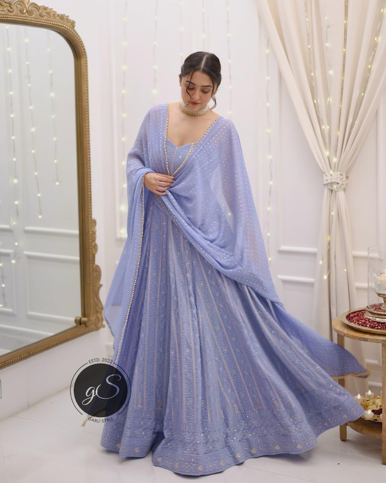 Lavender Embroidered Anarkali Dress: Georgette Indian Wedding Outfit - Etsy