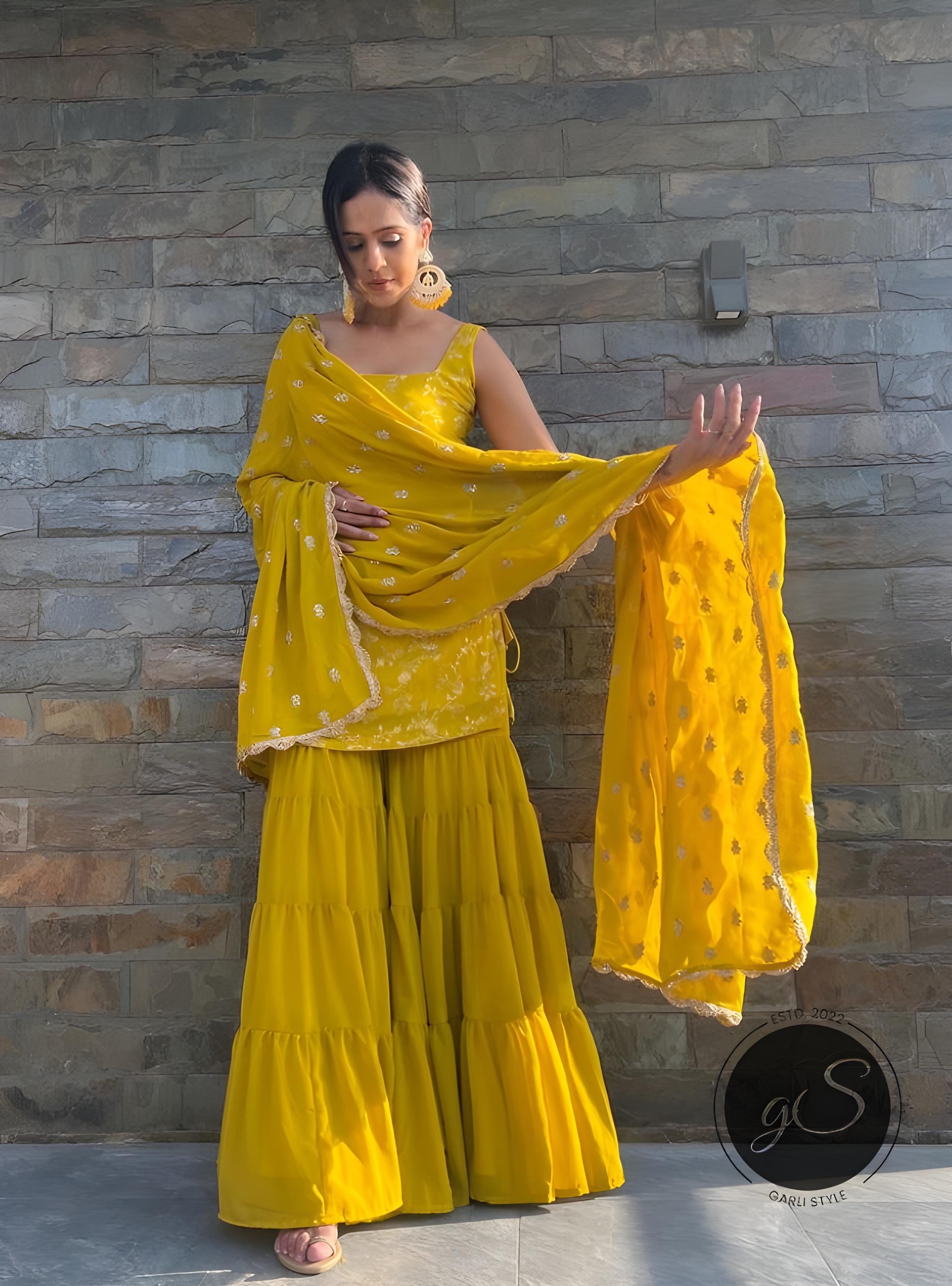 Mustard Georgette Brocade Layer Sharara Suit: Backless Party Wear ...