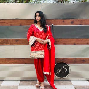 Designer Red Punjabi Patiala Salwar Kameez - Custom-made Lace Dupatta ...