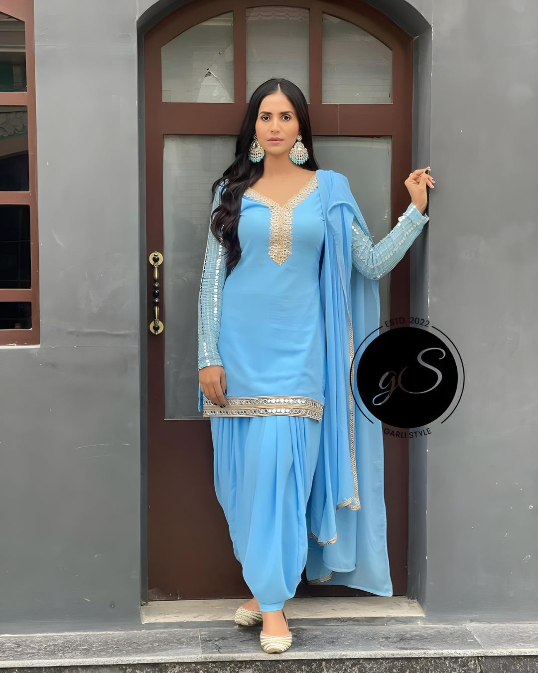 Designer Sky Blue Hand-made Suit Dupatta Punjabi Patiala Salwar Kameez ...