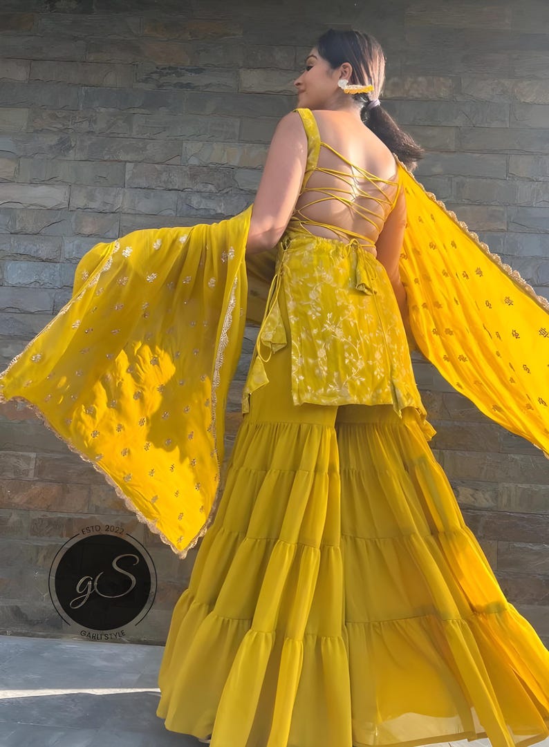 Mustard Georgette Brocade Layer Sharara Suit: Backless Party Wear ...
