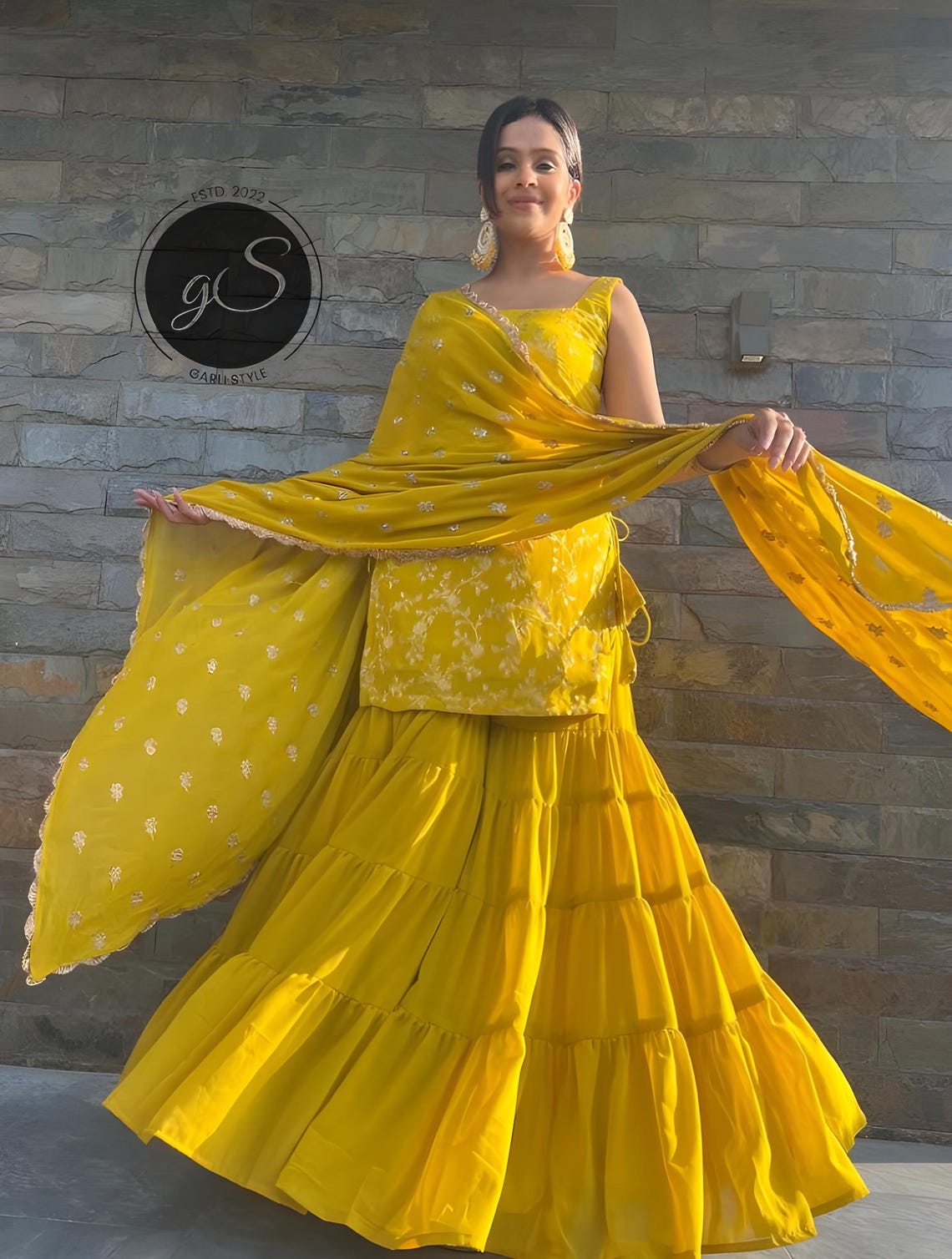 Mustard Georgette Brocade Layer Sharara Suit: Backless Party Wear ...