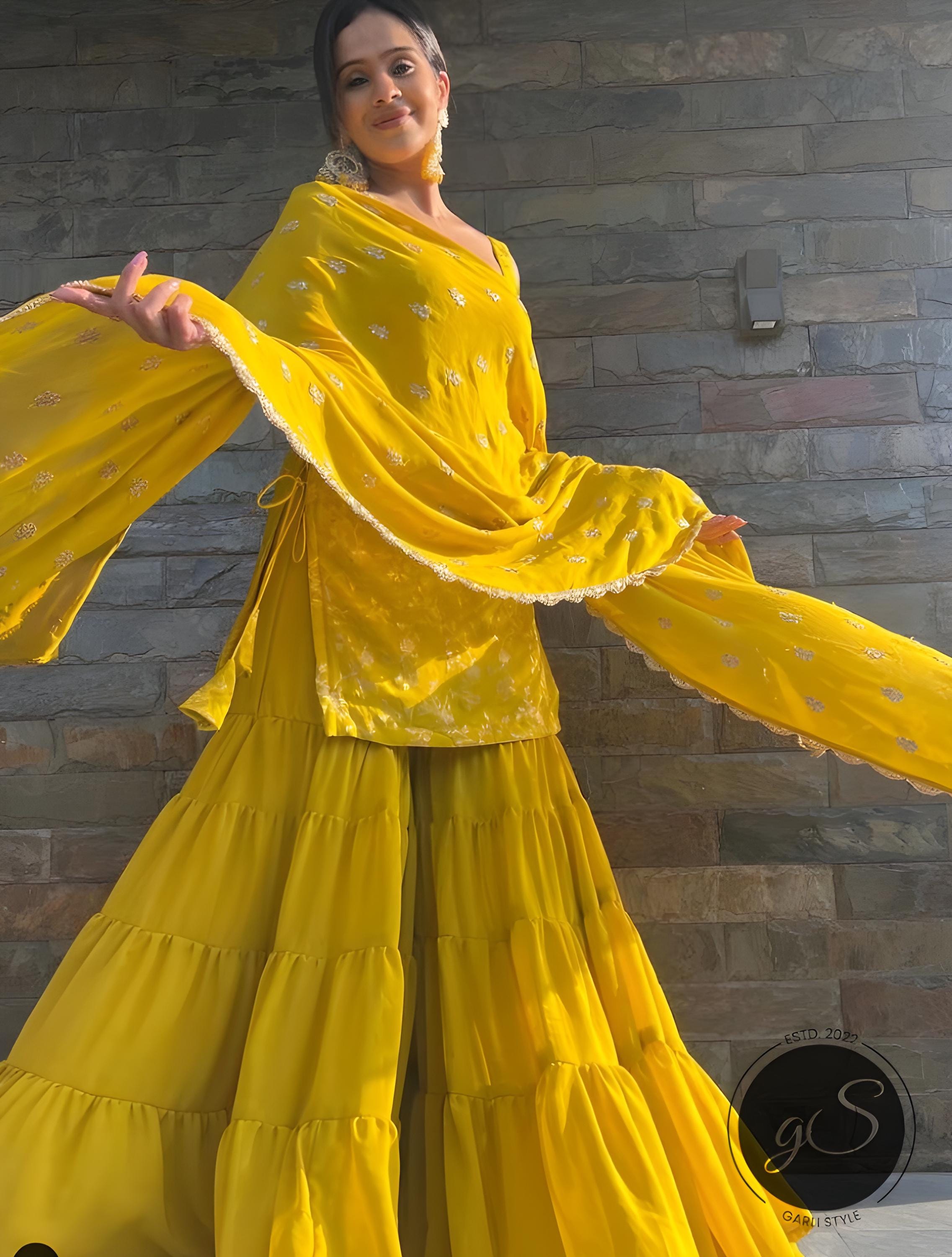 Mustard Georgette Brocade Layer Sharara Suit: Backless Party Wear ...