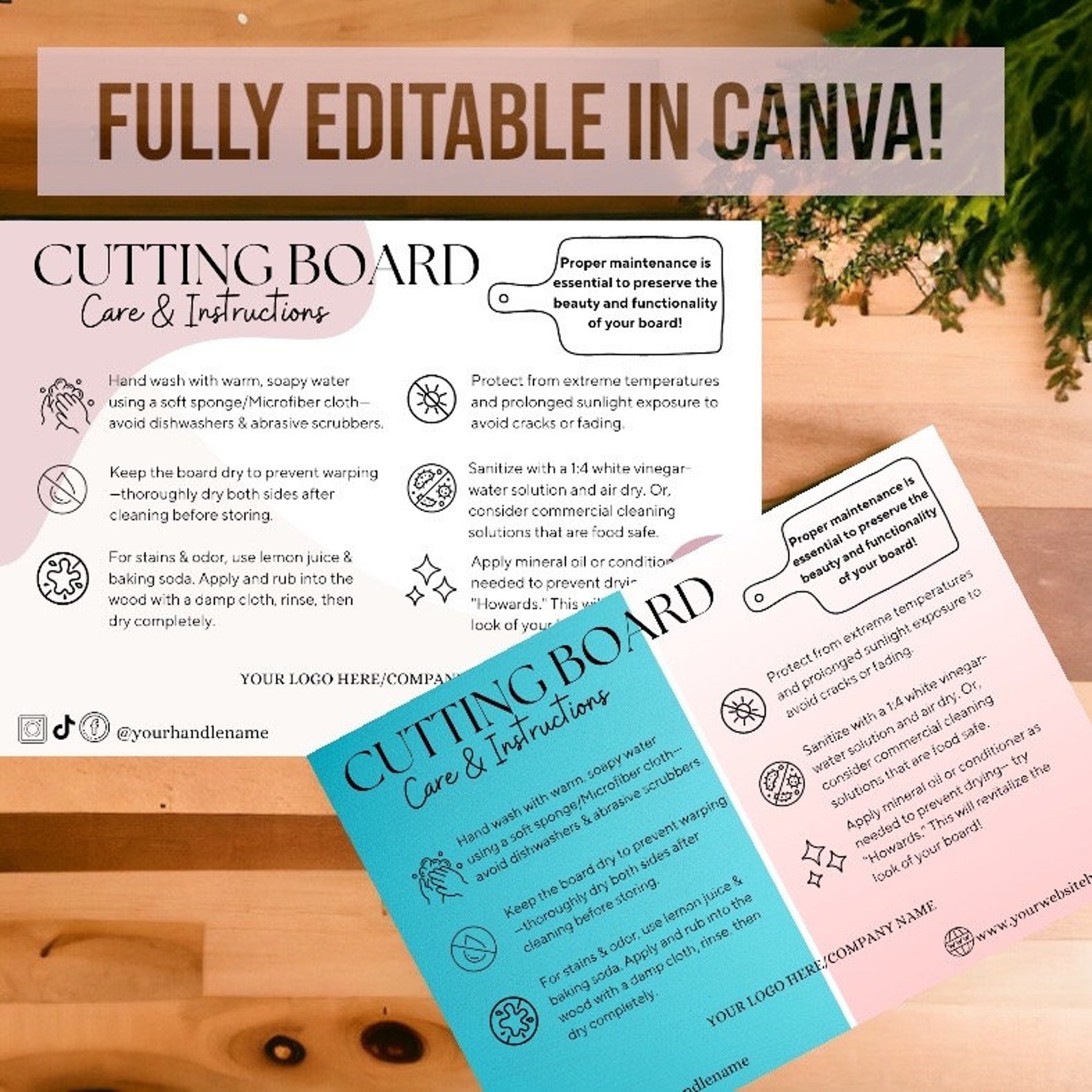 Cutting Board Care Card Template Editable in Canva Cutting Board Care ...
