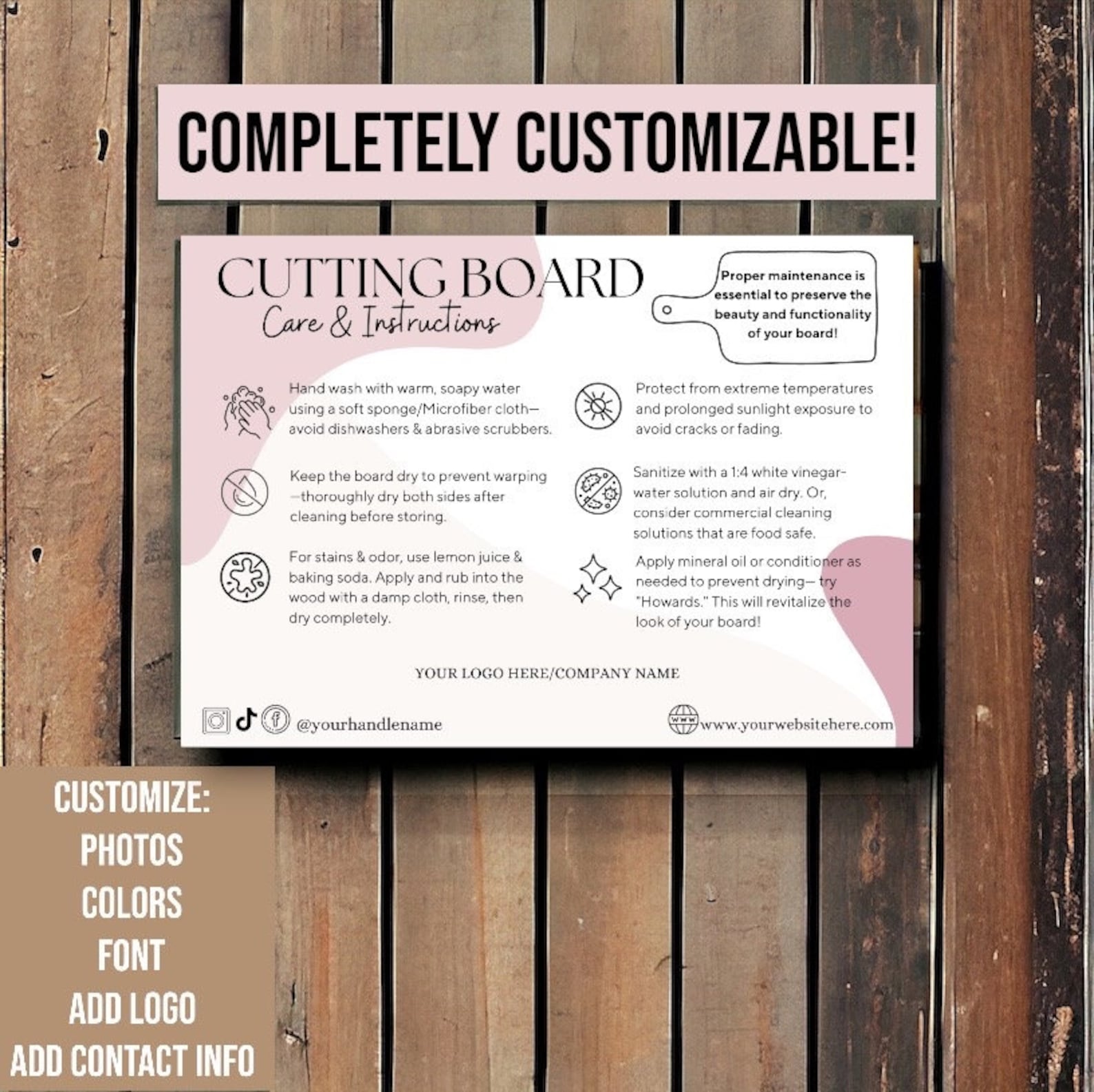 Cutting Board Care Card Template Editable in Canva Cutting Board Care ...