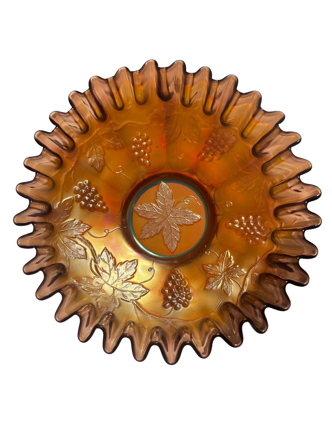 Fenton Marigold Carnival Glass Vintage Grapes Patter Candy Crimp Ribbon ...