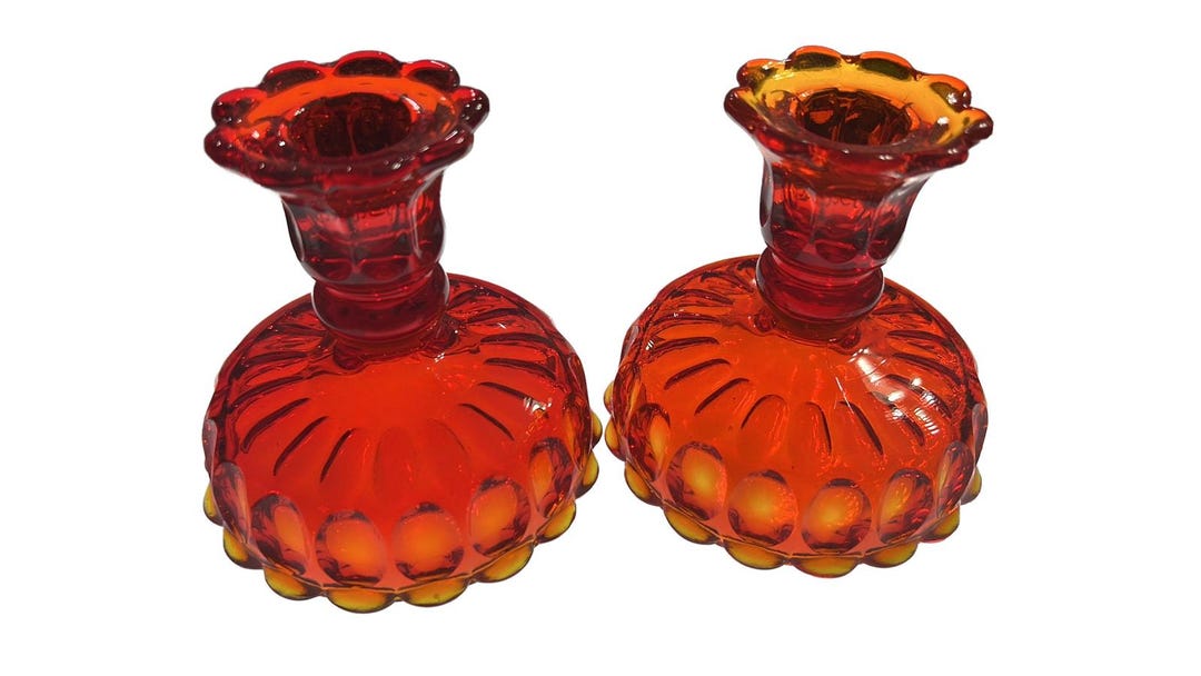 VTG Fenton Candlesticks Candle Holder Amberina Thumbprint GLOWS Set of 2 - Etsy