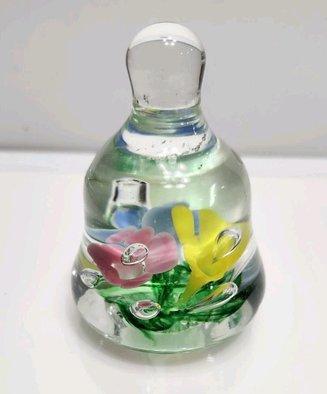 Vintage Joe St. Clair Glass Bell Shape Paperweight Pink Yellow Blue ...