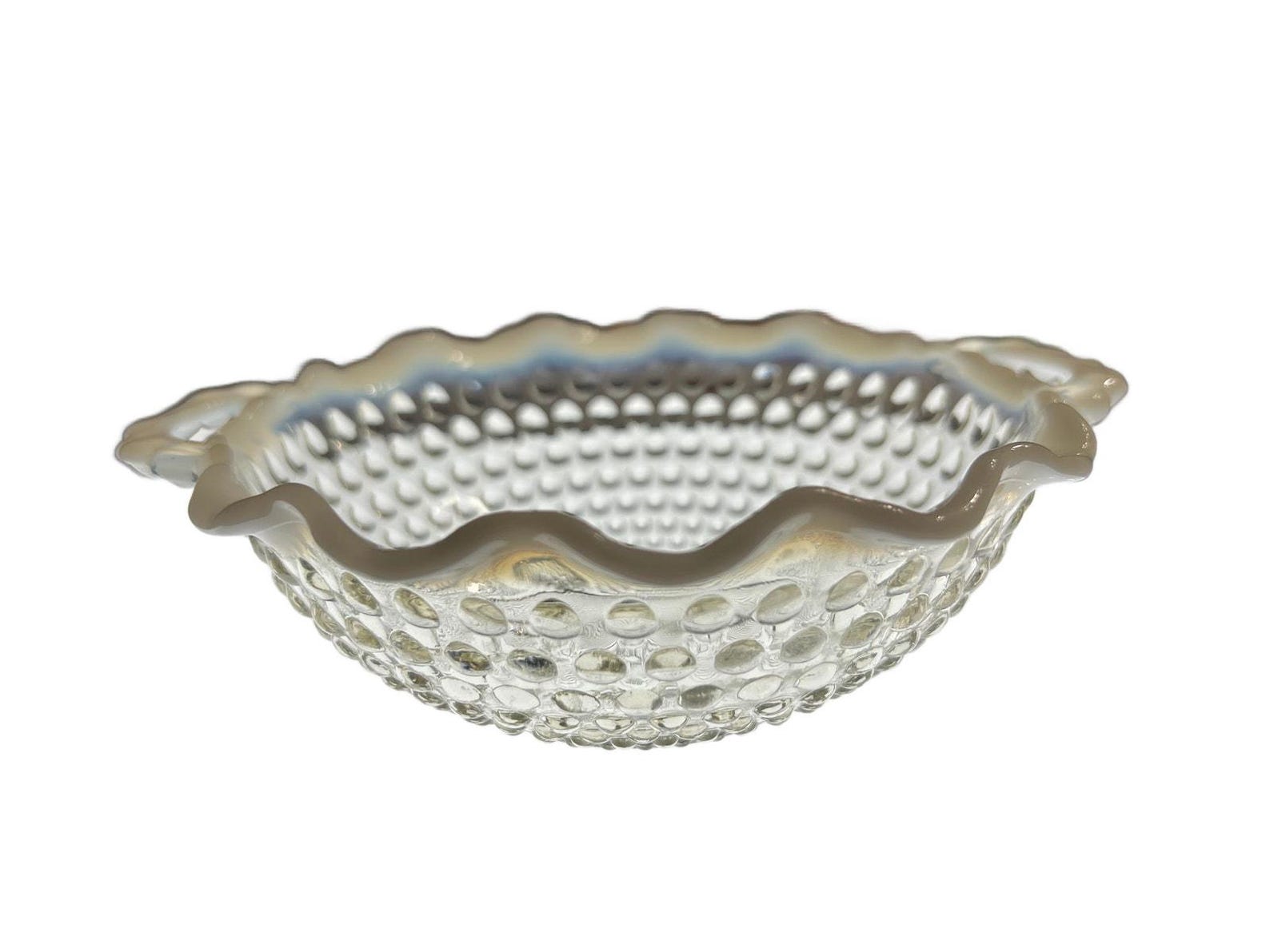 Fenton Moonstone Opalescent Clear Glass Hobnail Bowl With Two Handles ...