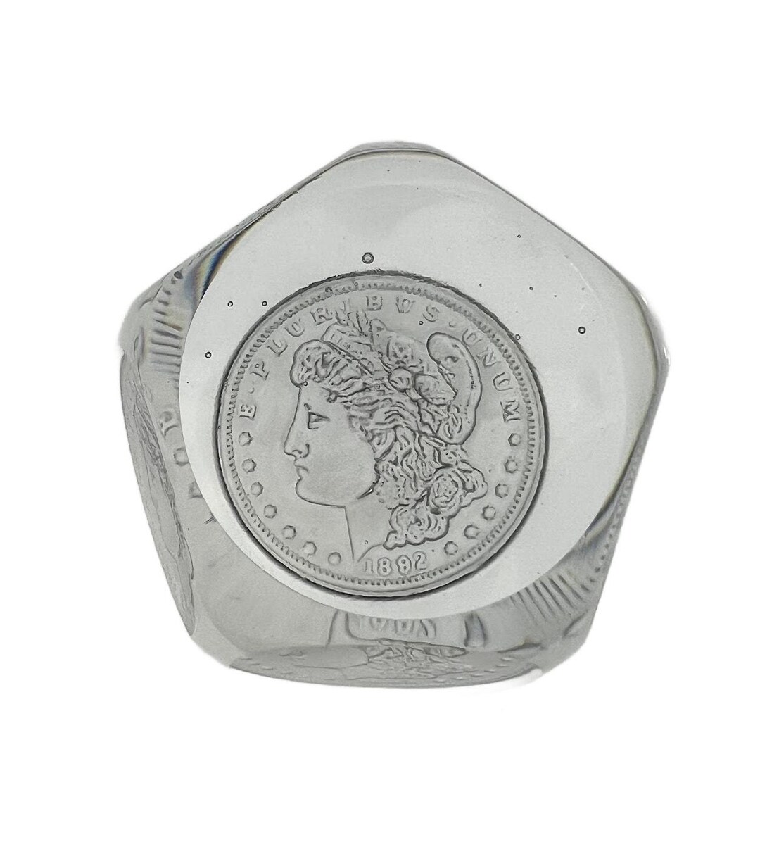VTG Clear Glass 5-sided Paperweight With Etched Replica Morgan Silver ...