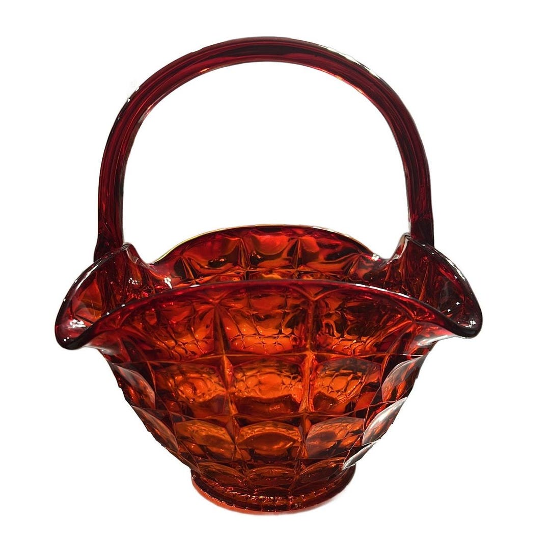 VTG Amberina Cadmiun Large Square Basket With Handle 10.50' X 8" GLOWS ...