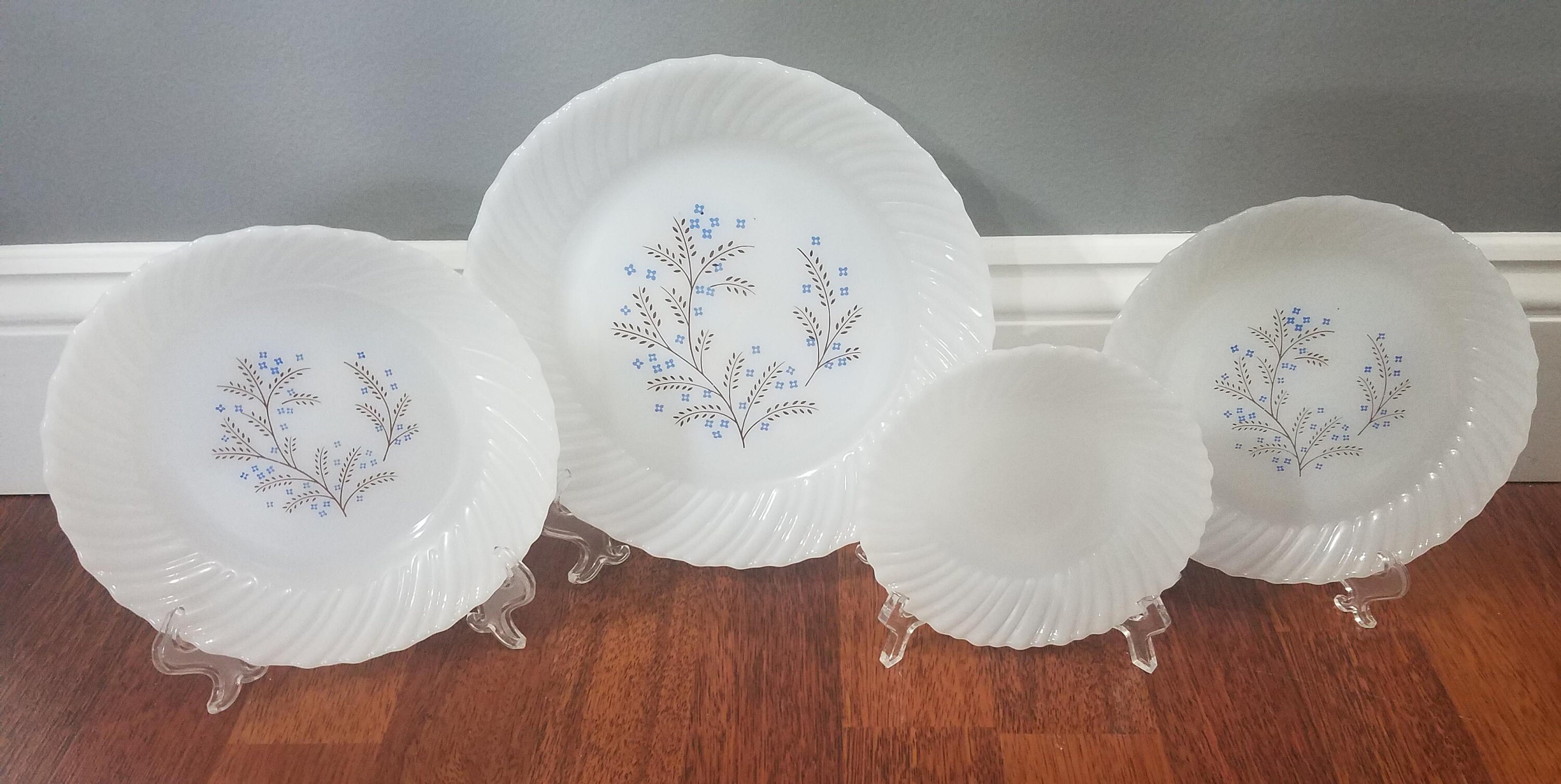 Vintage 1960s Termocrisa Milk Glass, Blue Floral, Swirl Edge Plate Set ...