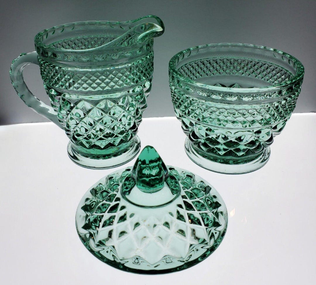 Vintage Anchor Hocking Green Glass Cream and Sugar Set WITH LID wexford ...
