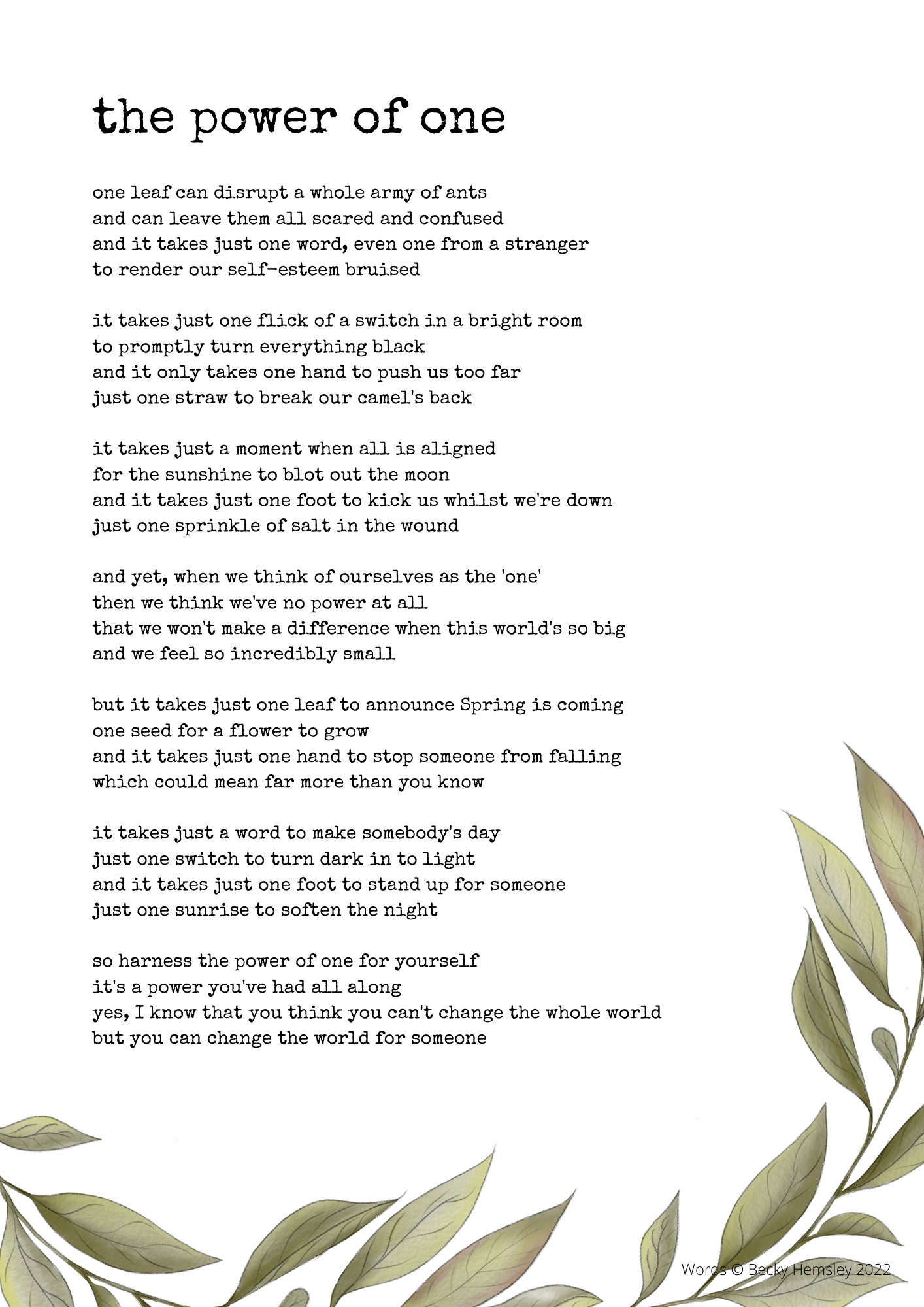 The Power of One Original Poetry Print A4 digital Download - Etsy UK
