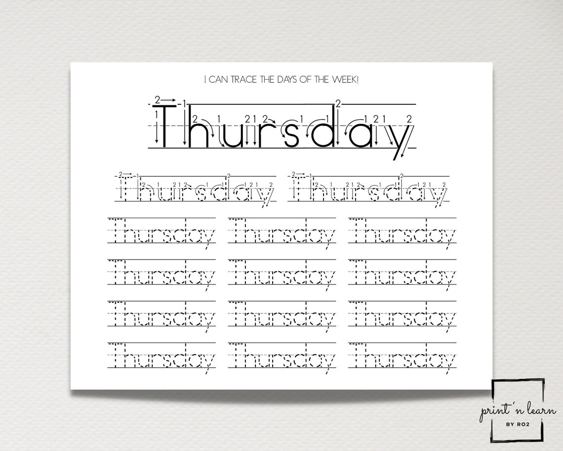 Days of the Week Tracing Packet, Handwriting Practice, Tracing ...