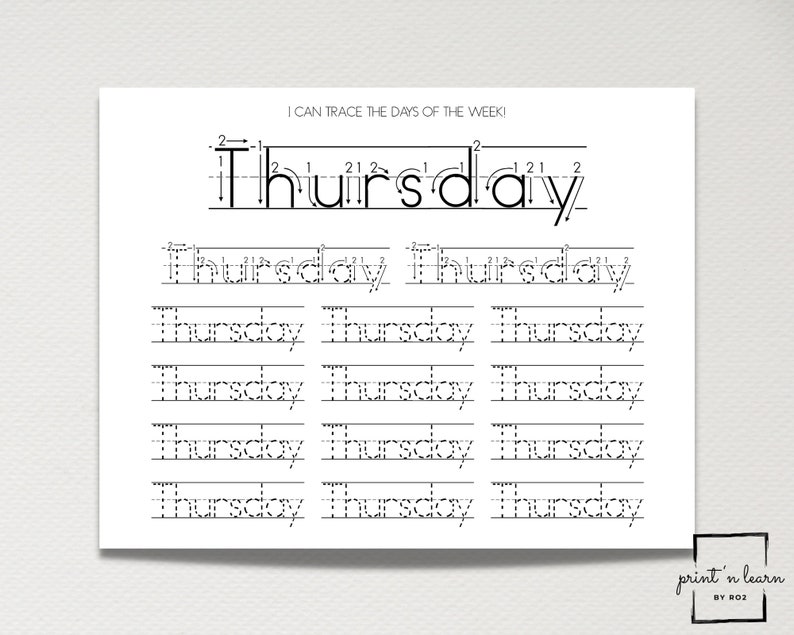 Days of the Week Tracing Packet, Handwriting Practice, Tracing ...