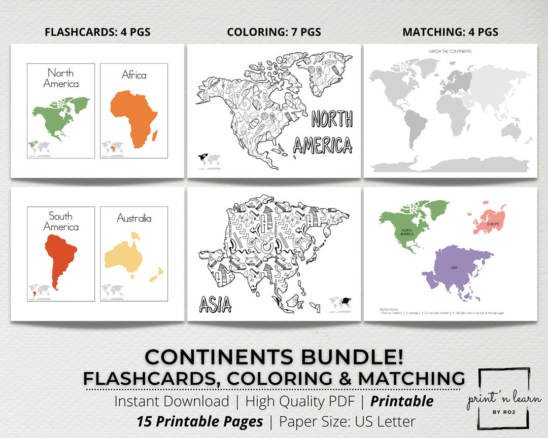 Continents Bundle, Flashcards, Matching, Coloring Pages, Homeschool ...