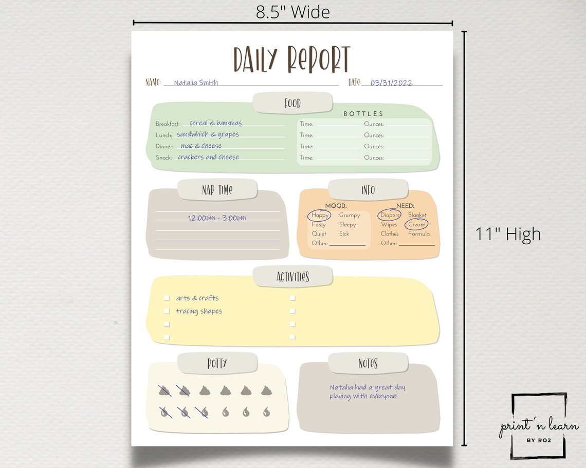 Toddler & Baby Daily Log Template, Child Daily Report, Toddler Report ...