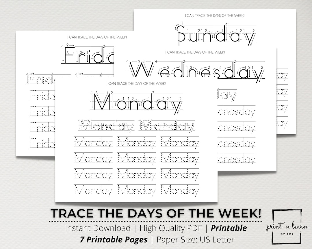 Days of the Week Tracing Packet, Handwriting Practice, Tracing ...