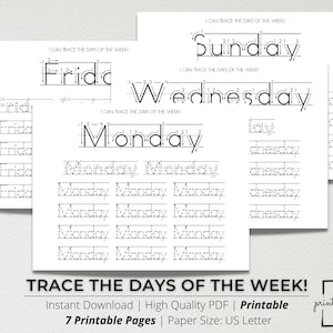 Days of the Week Tracing Packet, Handwriting Practice, Tracing ...