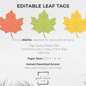7" & 4" Leaf Tags With Editable Names, Thanksgiving Activity, Name Tag ...