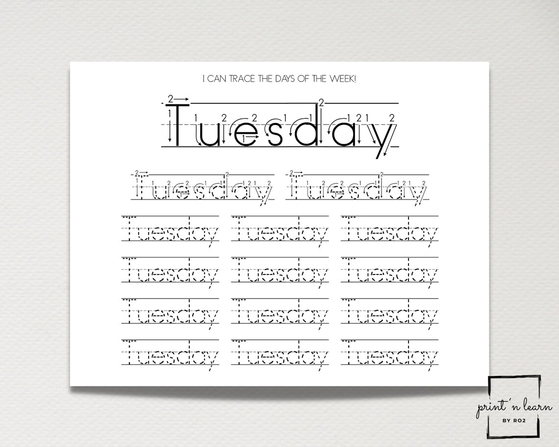 Days of the Week Tracing Packet, Handwriting Practice, Tracing ...