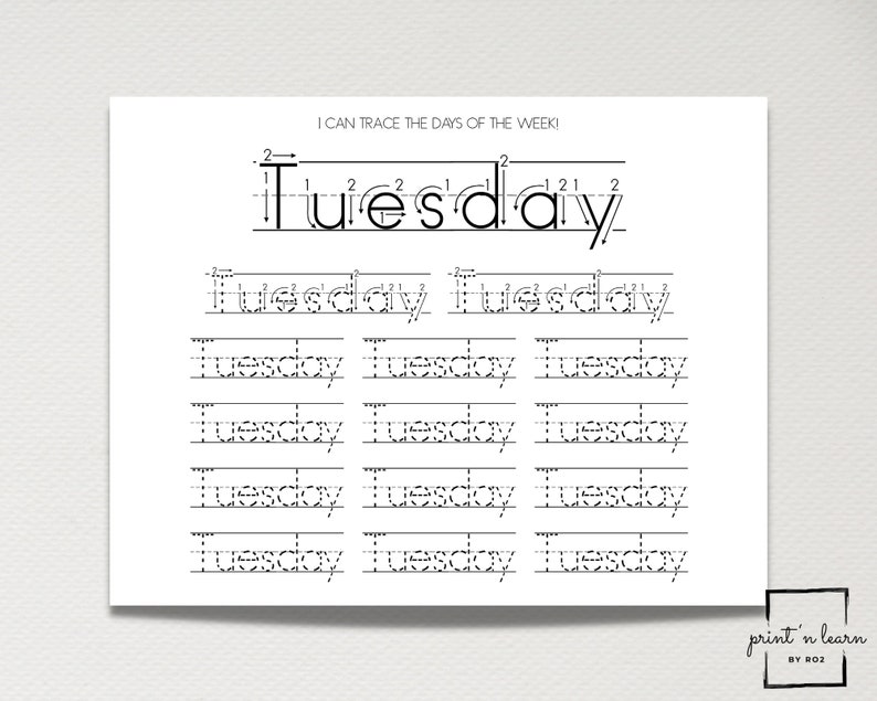 Days of the Week Tracing Packet, Handwriting Practice, Tracing ...