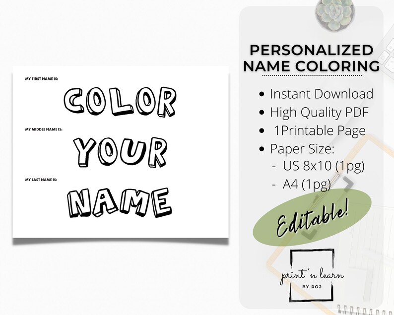 Custom Name Coloring Sheet Handwriting Practice Name | Etsy