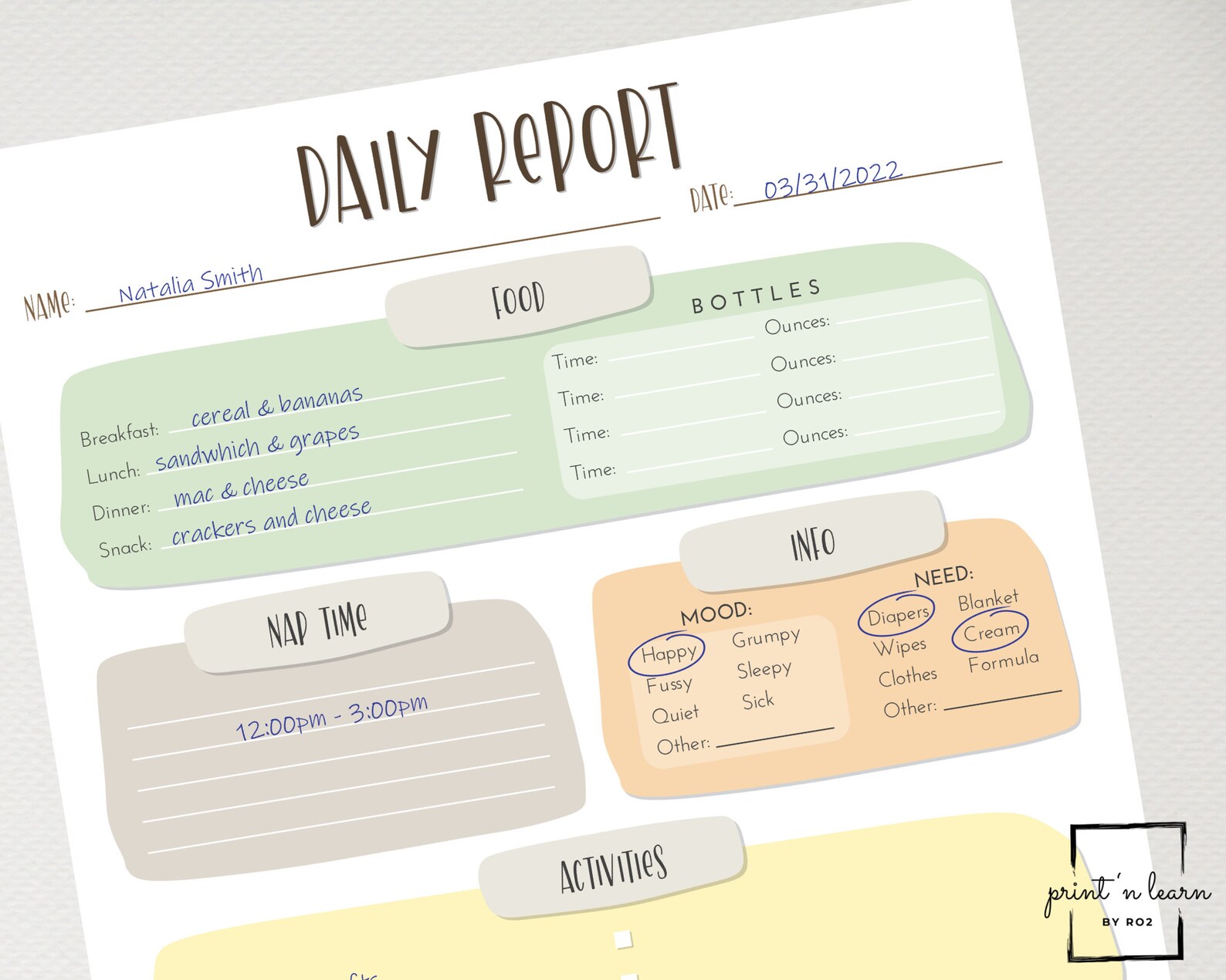 Toddler & Baby Daily Log Template, Child Daily Report, Toddler Report ...