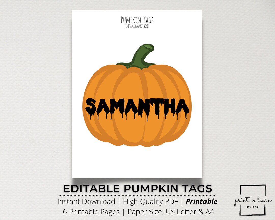 7" & 4" Pumpkin Tags With Editable Names, Halloween Tags, Name Tag ...