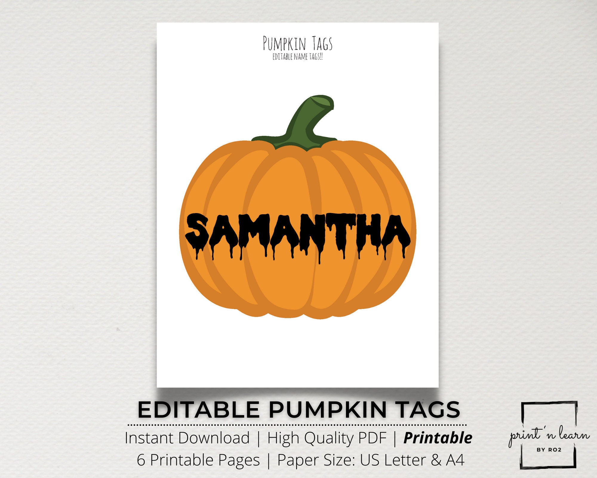 7" & 4" Pumpkin Tags With Editable Names, Halloween Tags, Name Tag ...
