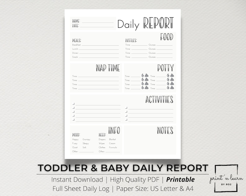 Toddler & Baby Daily Log Template, Child Daily Report, Toddler Report ...