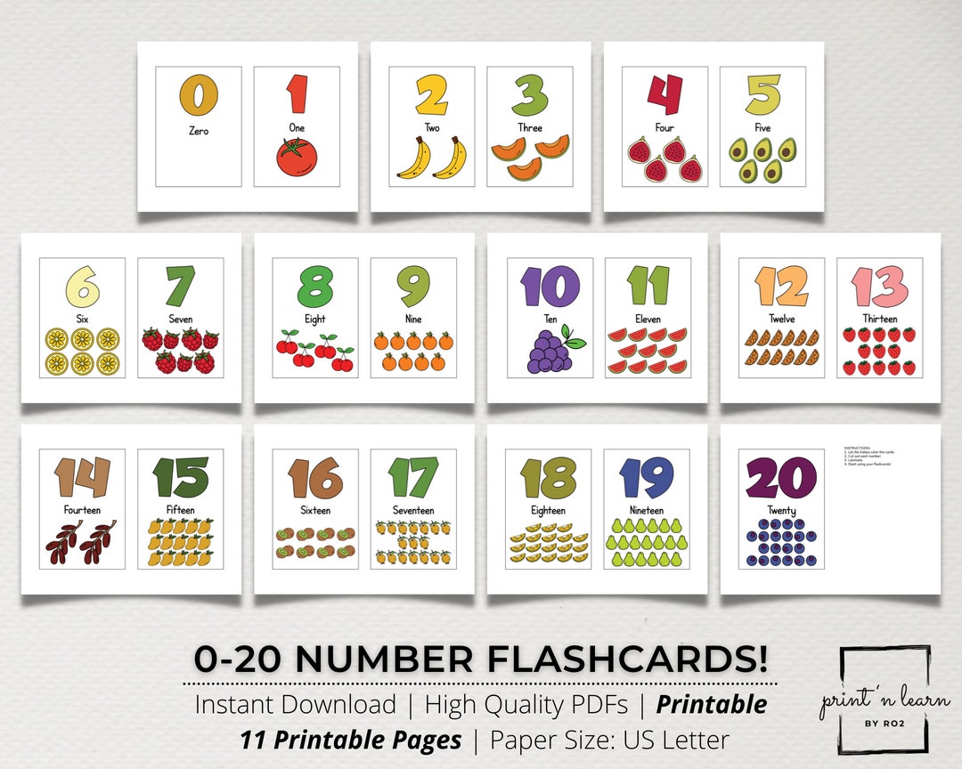 Number Flashcards, Count to 20, Fruit Flashcards, Printable Prek ...