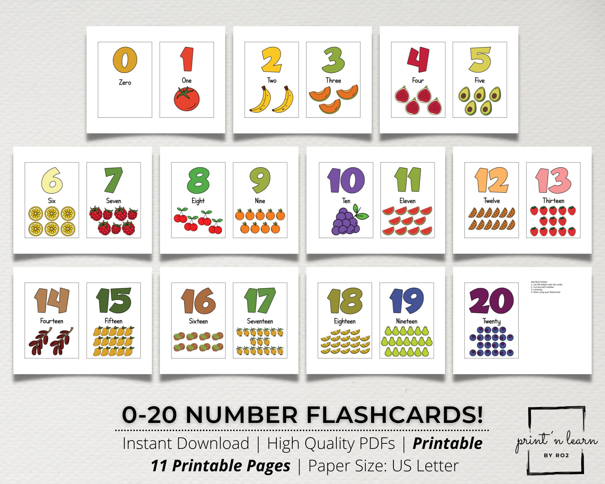 Number Flashcards, Count to 20, Fruit Flashcards, Printable Prek ...