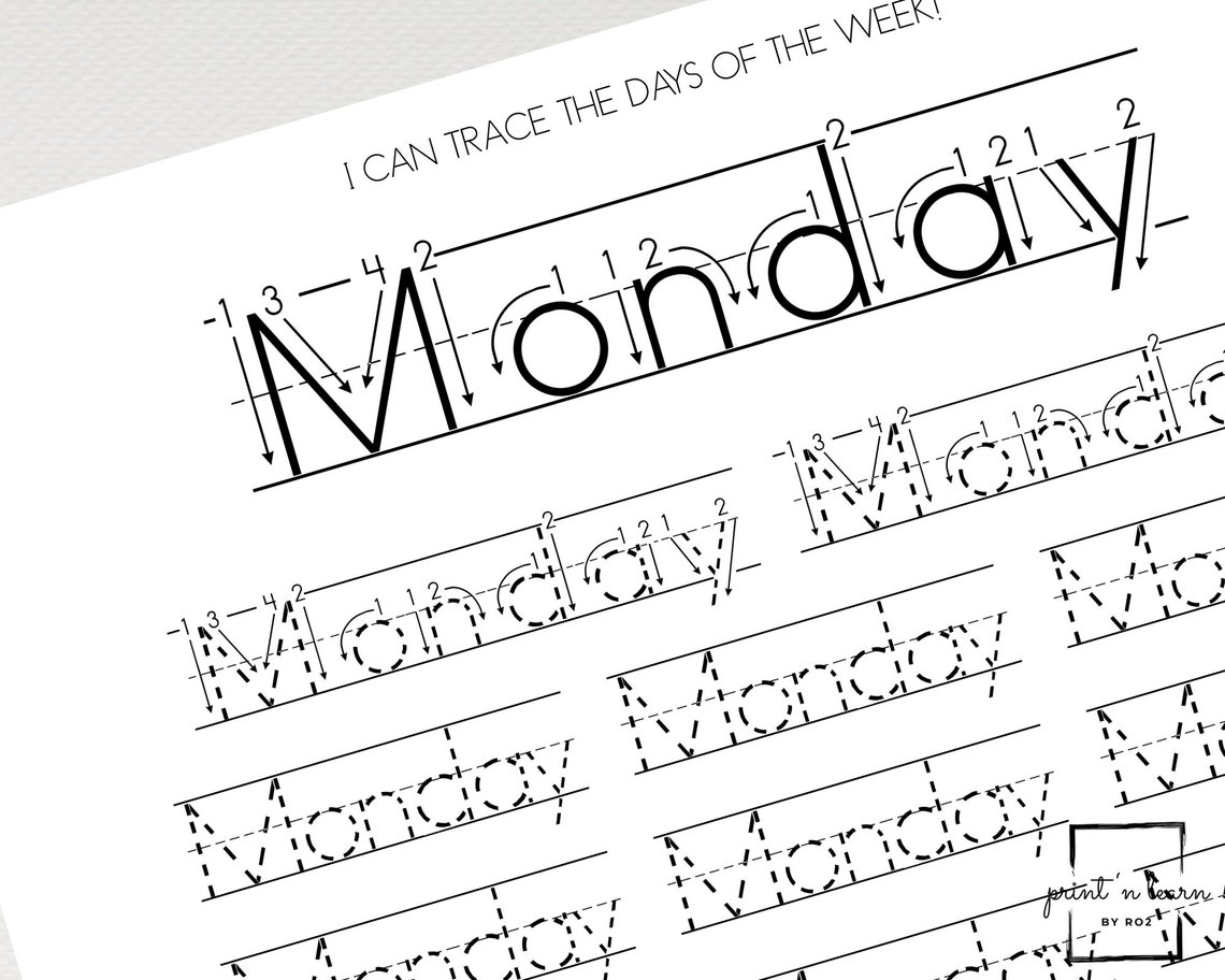 Days of the Week Tracing Packet, Handwriting Practice, Tracing ...
