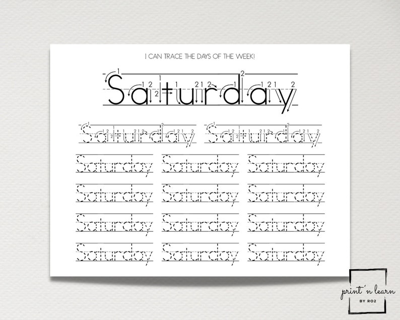 Days of the Week Tracing Packet, Handwriting Practice, Tracing ...