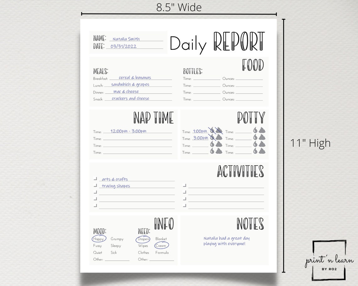 Toddler & Baby Daily Log Template, Child Daily Report, Toddler Report ...
