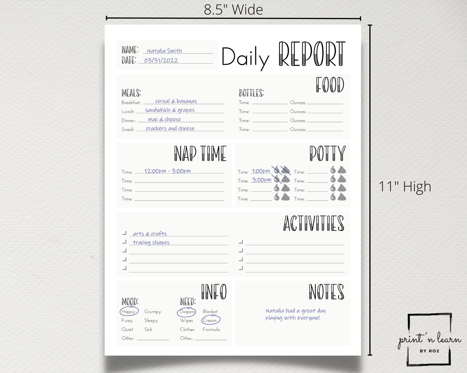 Toddler & Baby Daily Log Template, Child Daily Report, Toddler Report ...