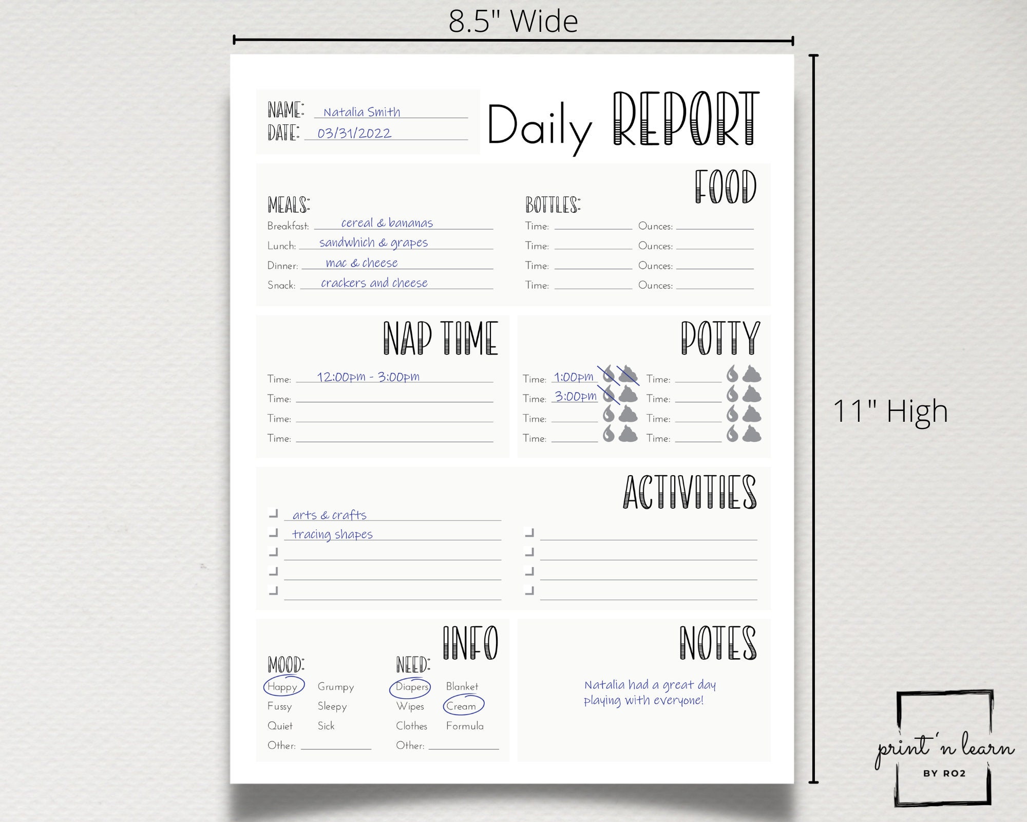Toddler & Baby Daily Log Template, Child Daily Report, Toddler Report ...