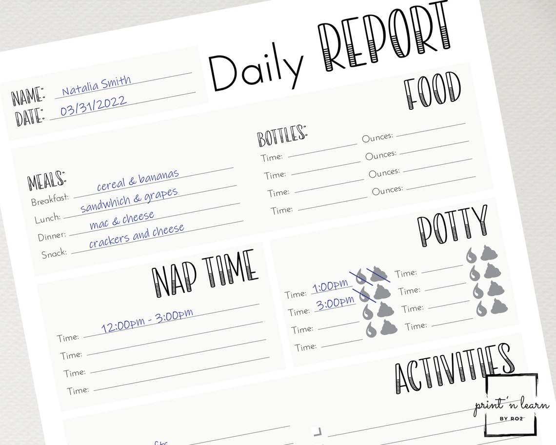Toddler & Baby Daily Log Template, Child Daily Report, Toddler Report ...