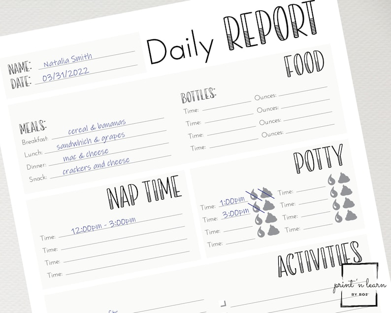 Toddler & Baby Daily Log Template, Child Daily Report, Toddler Report ...