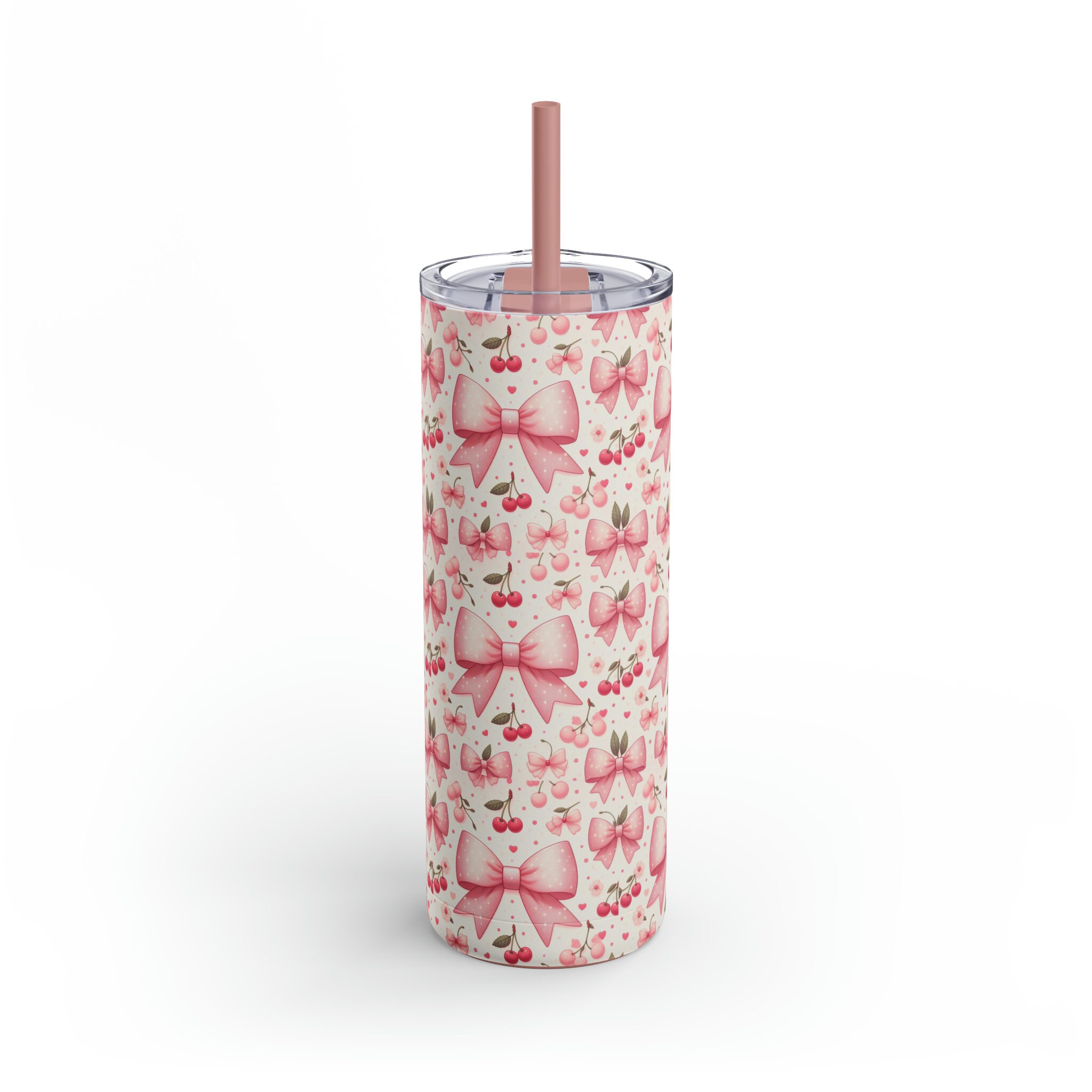 Pink Tiny Bows and Cherry Red Cherries Coquette Skinny Matte Tumbler ...